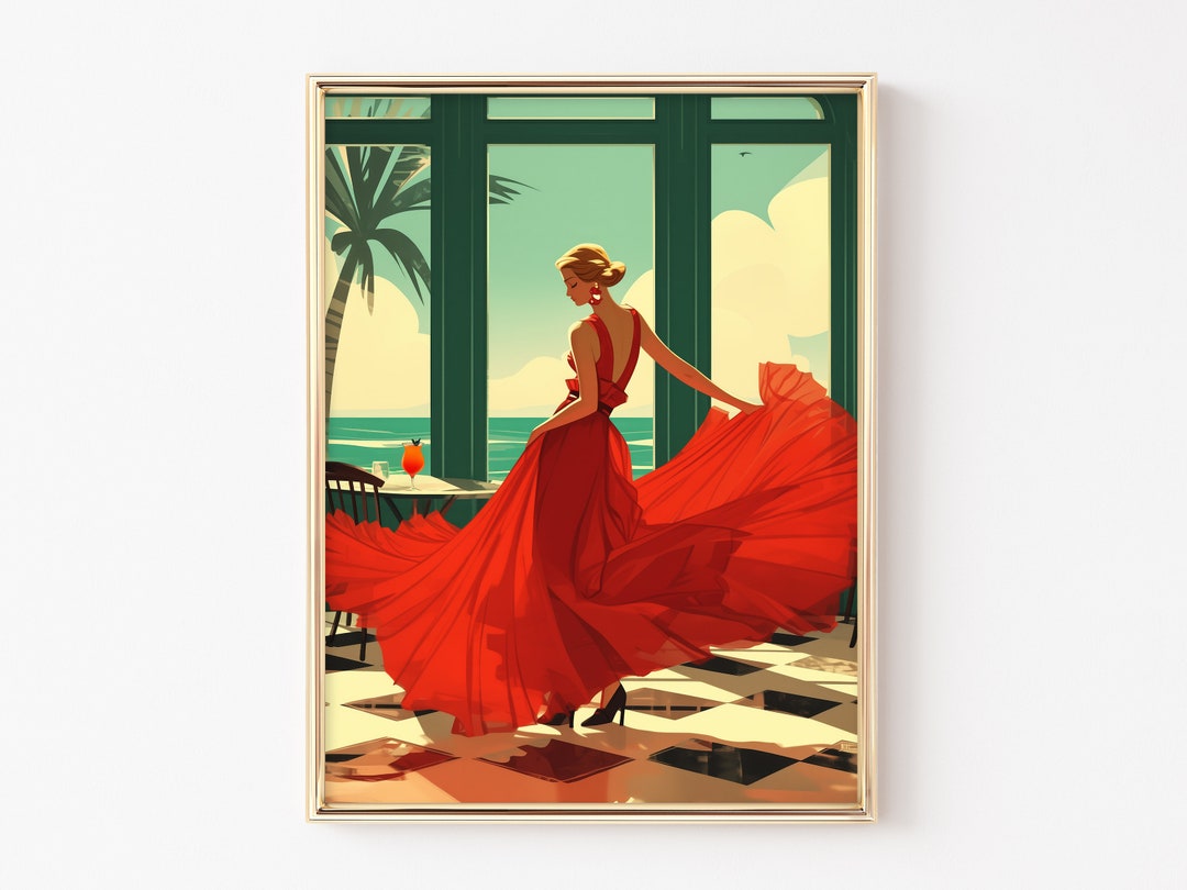 Retro Wall Art, Vintage Poster, Woman in Red Dress Dancing, Art Print ...