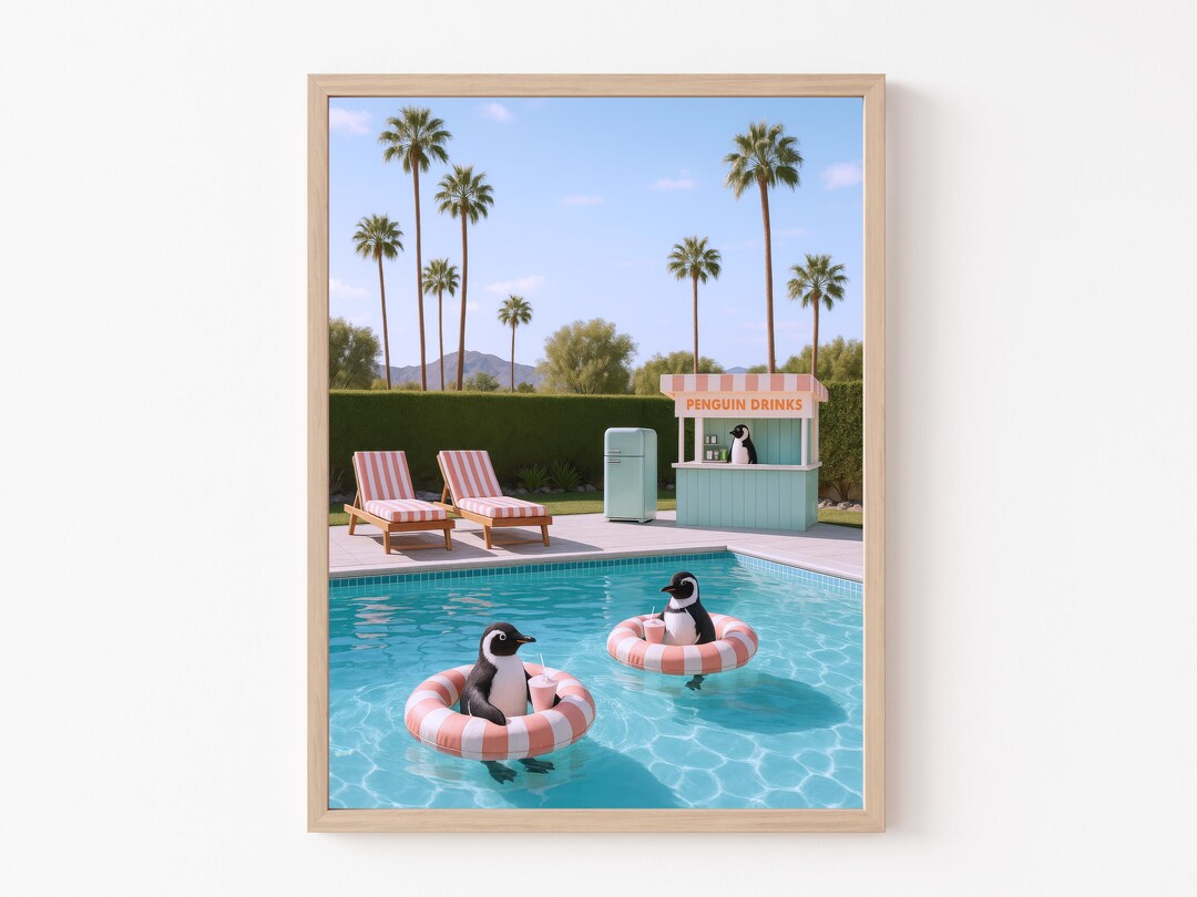 Penguin Pool Party Poster, Summer Wall Art, Penguins by the Pool in ...
