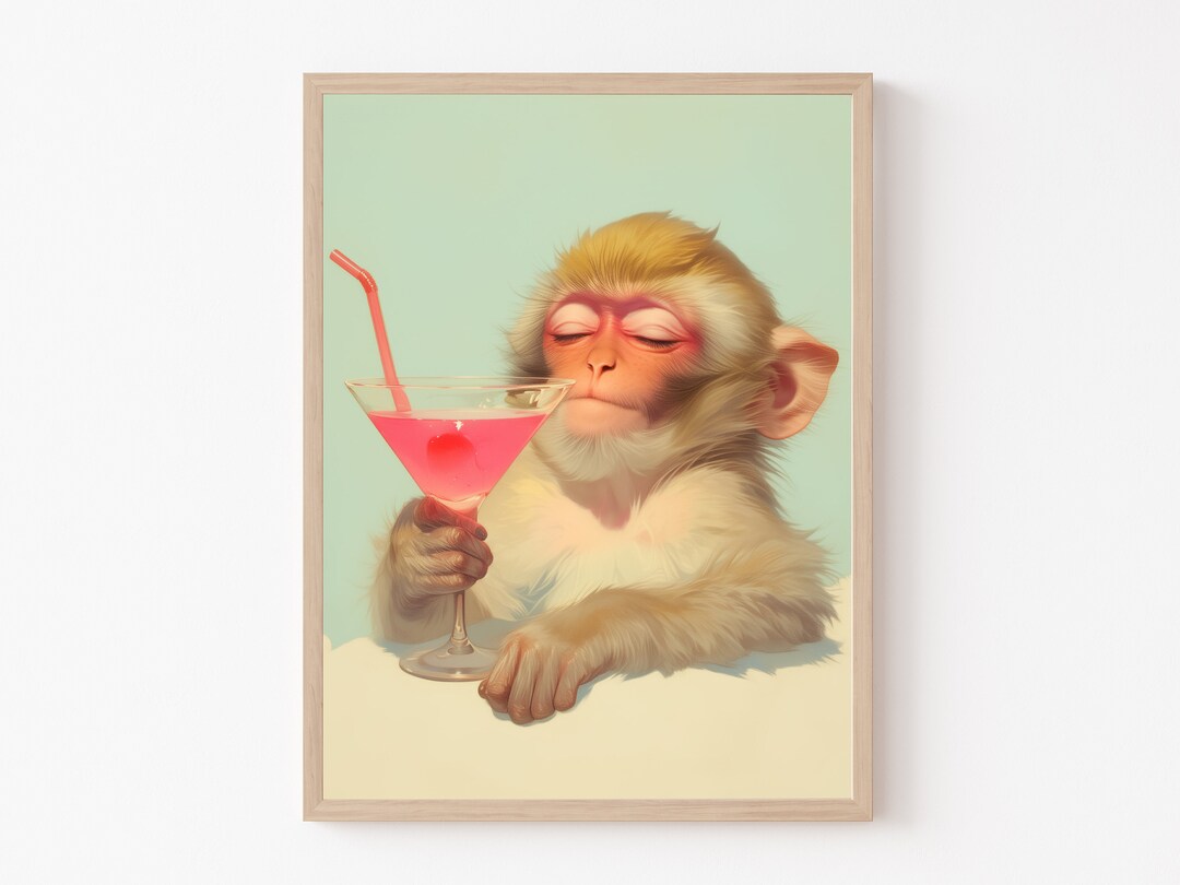 Retro Wall Art, Monkey Poster, Mid Century Modern Kitchen Art, Cocktail ...
