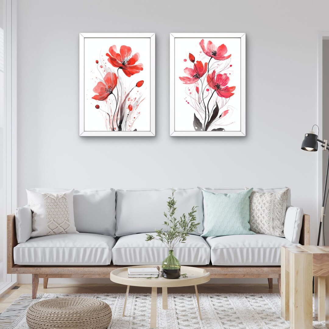 Watercolor Red Flowers Wall Art, Floral Digital Prints, Printable ...