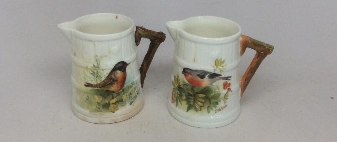 Royal Worcester Vintage Bird Barrel Pitchers. Bull Finch and Stonechat ...