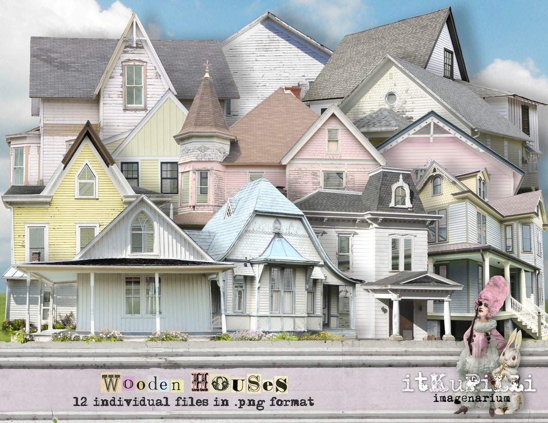 Wooden Houses - 12 Large Individual Images - Scrapbooking, Art ...