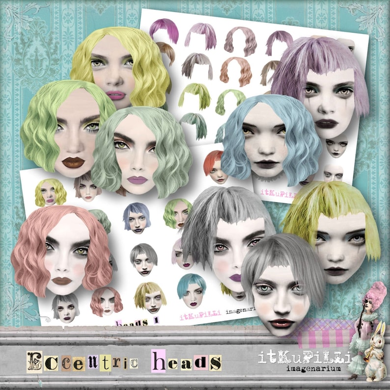Eccentric Heads - 2 X Digital Collage Sheet - Jpg and Png - Printable ...