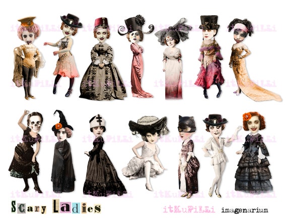Scary Ladies Halloween ATC Sized Characters Digital - Etsy