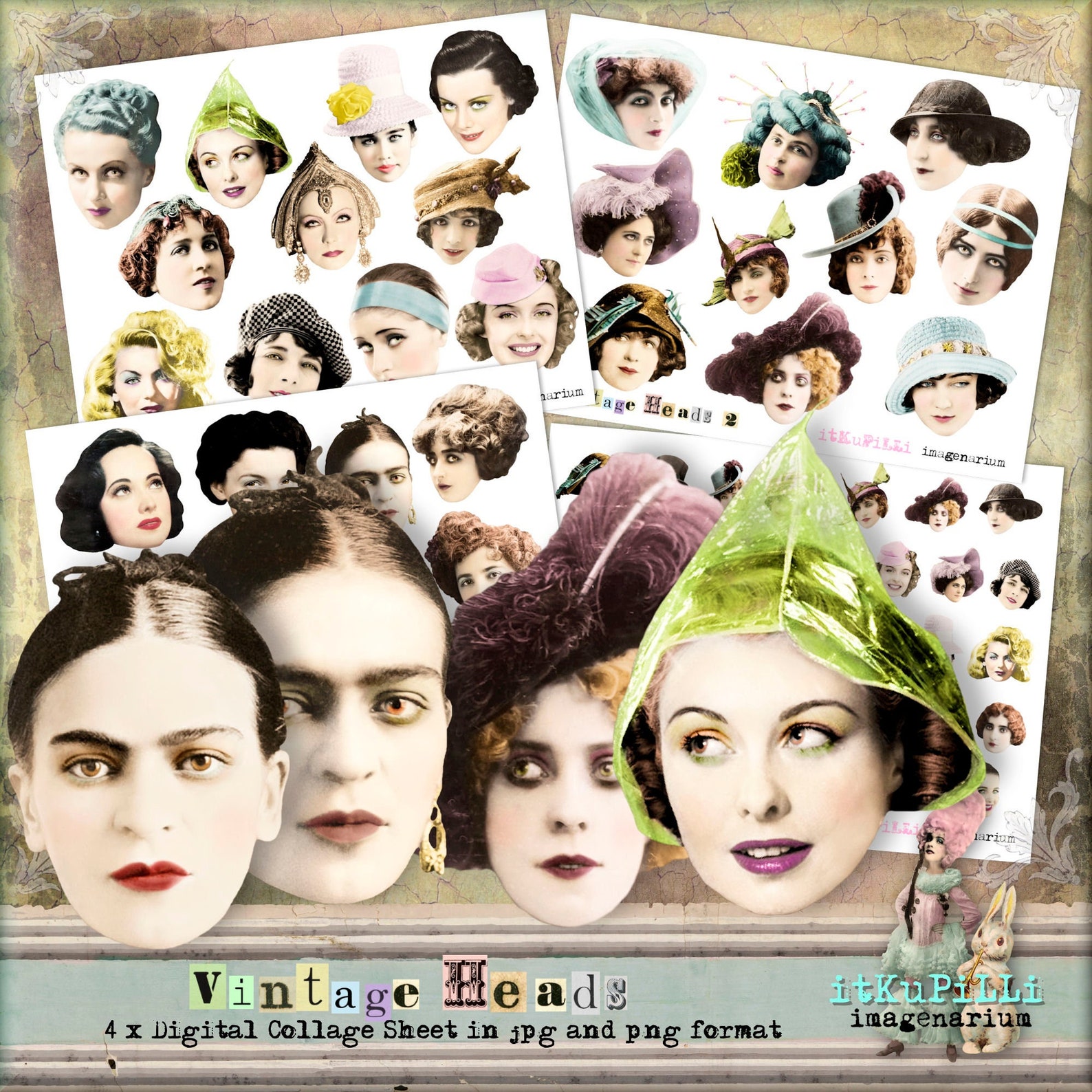 Vintage Heads Women - 4 X Digital Collage Sheet - Jpg and Png ...