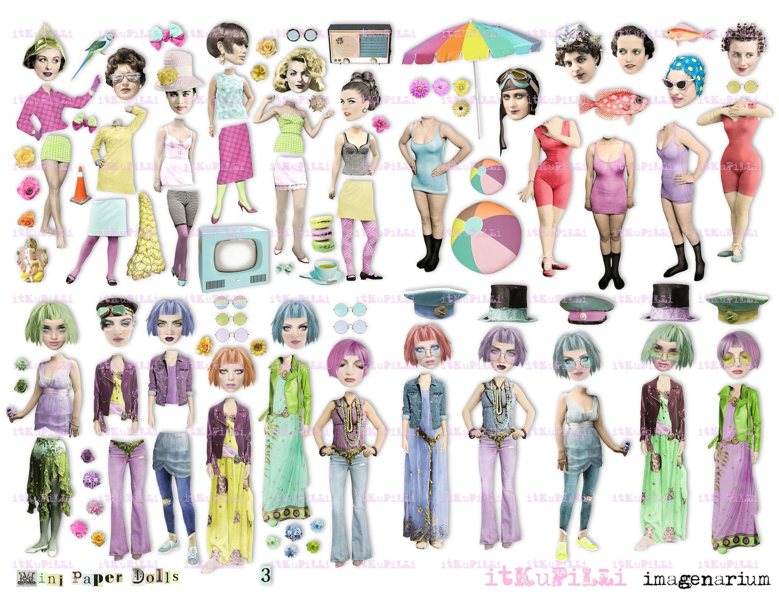 Mini Paper Dolls - Bundle 3 X Digital Collage Sheet ATC Size - Jpg and ...