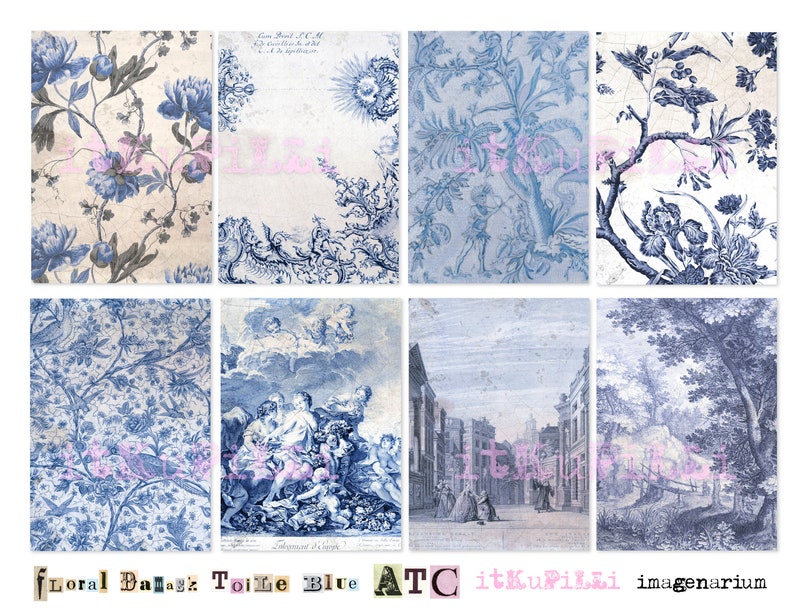 Floral Damask Toile Blue ATC Backgrounds Digital Collage - Etsy
