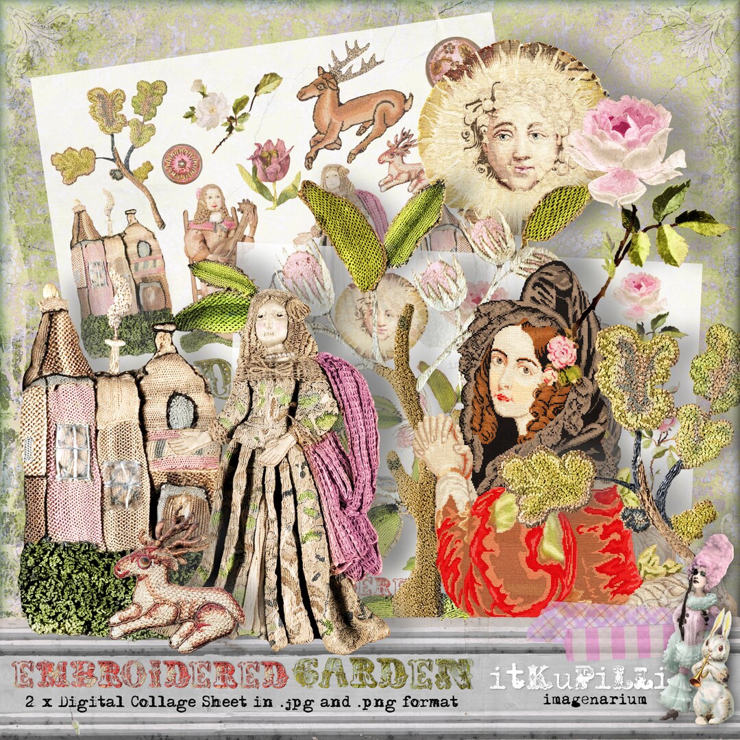 Embroidered Garden - 2 X Digital Collage Sheet - Jpg and Png ...