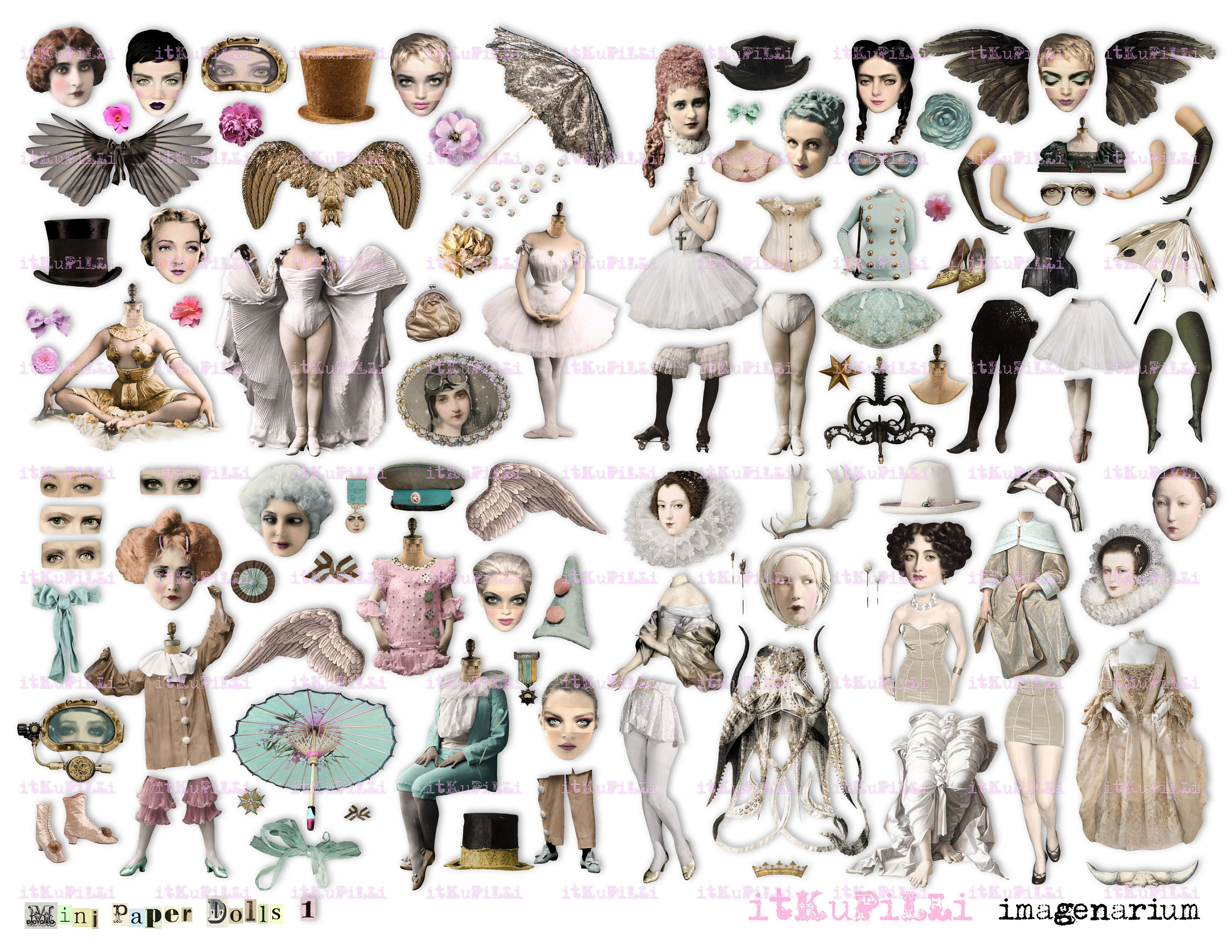 Mini Paper Dolls - Bundle 3 X Digital Collage Sheet ATC Size - Jpg and ...