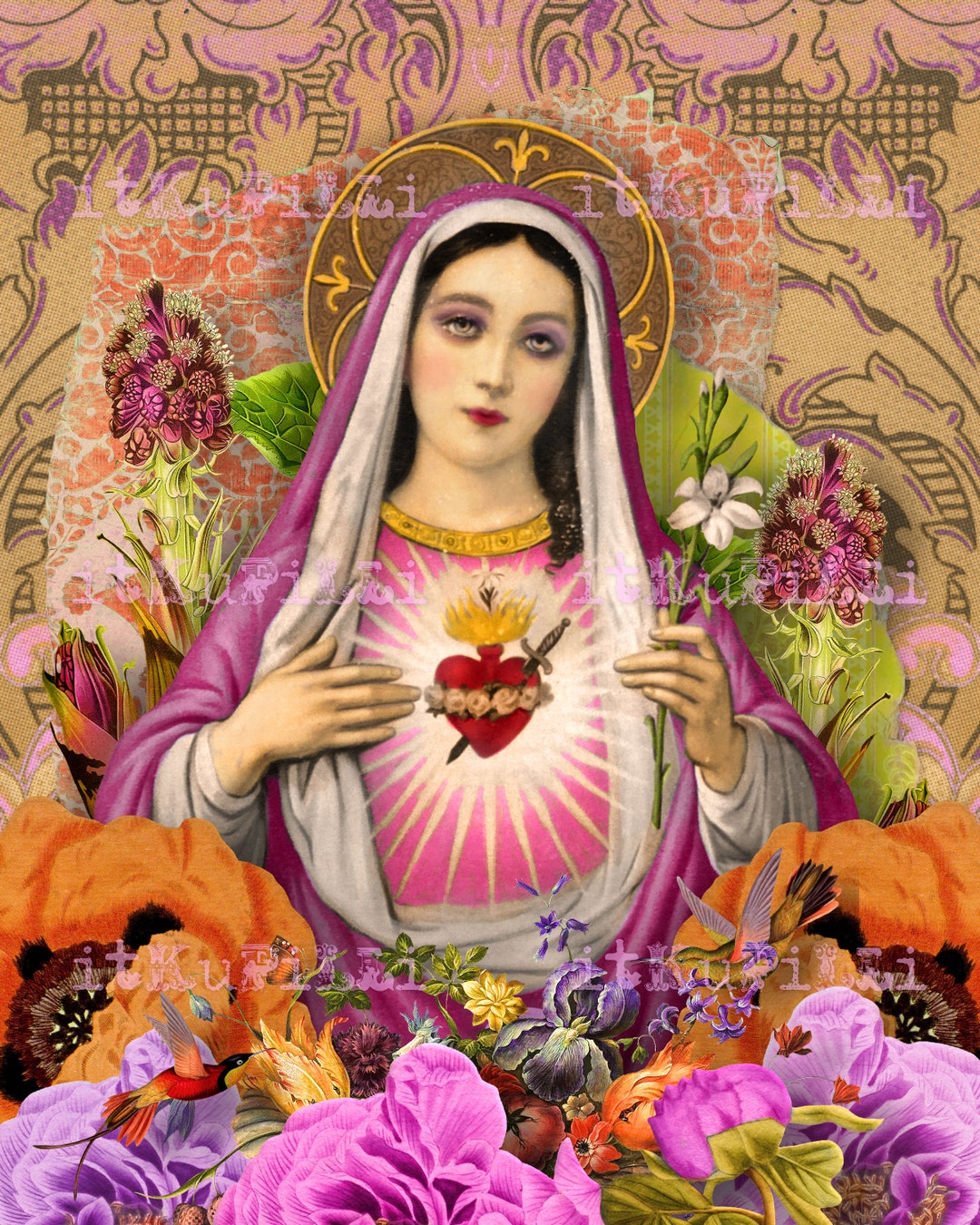 Flower Madonna Pink - Digital Sheet to Print on Paper, Fabric. Iron on ...