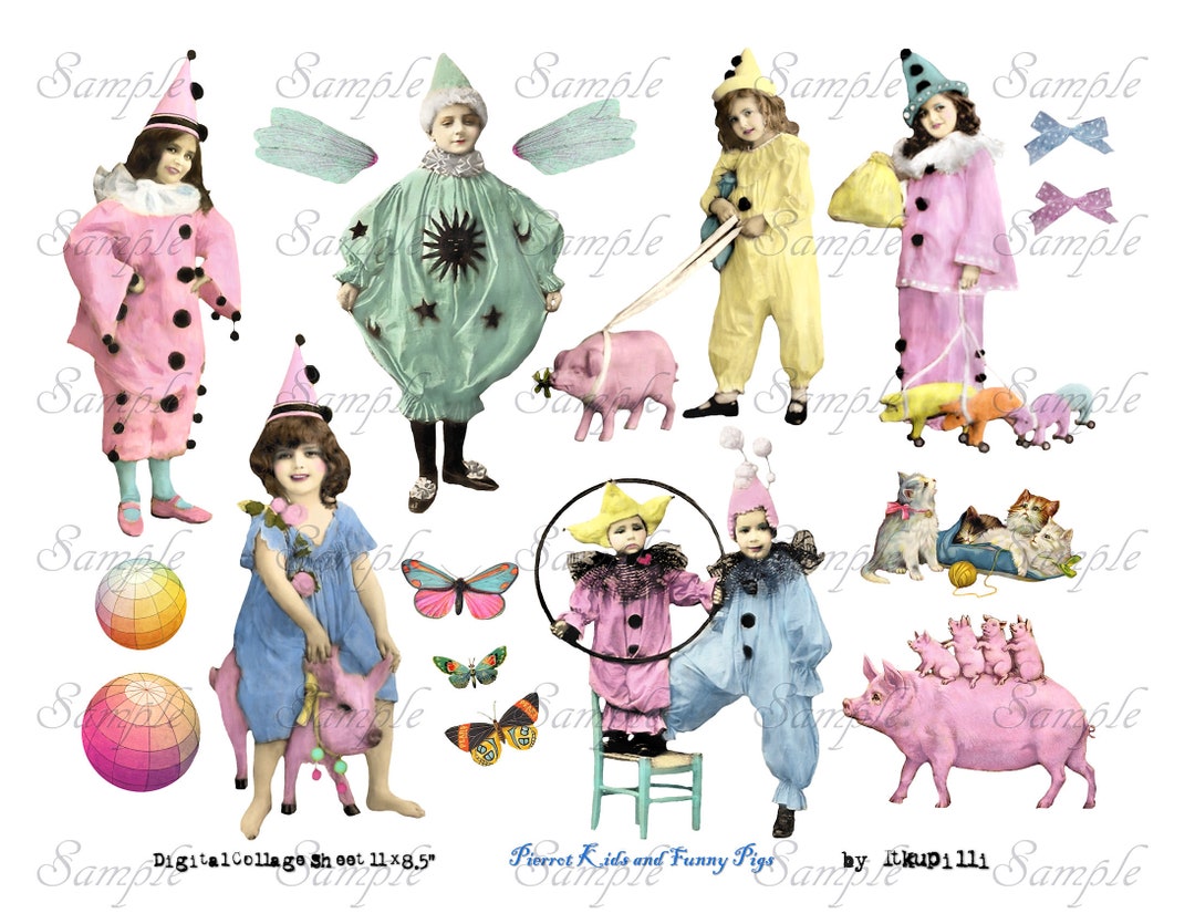 Pierrot Kids and Funny Pigs - Digital Collage Sheet - Jpg and Png ...