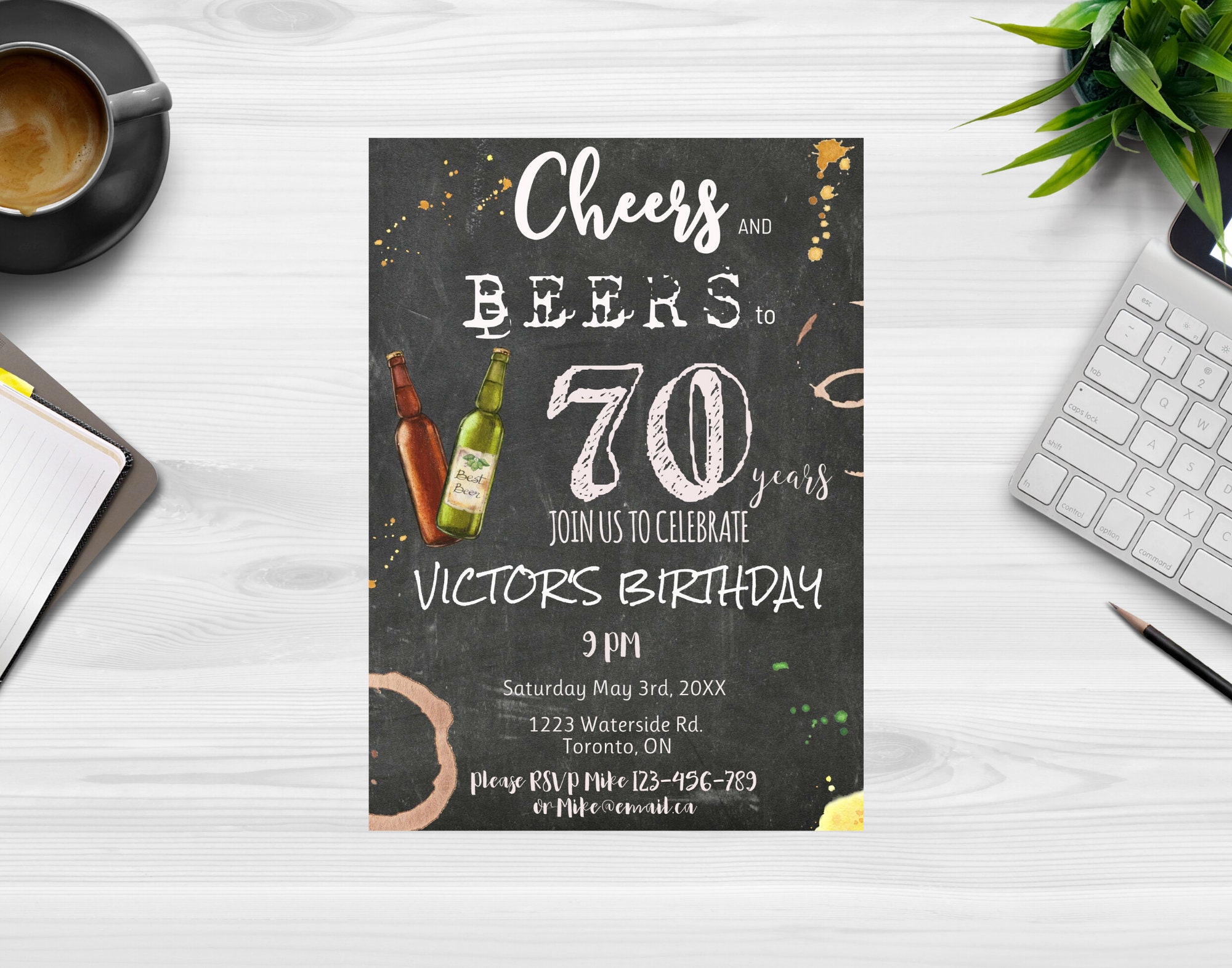 70th Cheers And Beers Birthday Party Invitation Chalk Board Etsy
