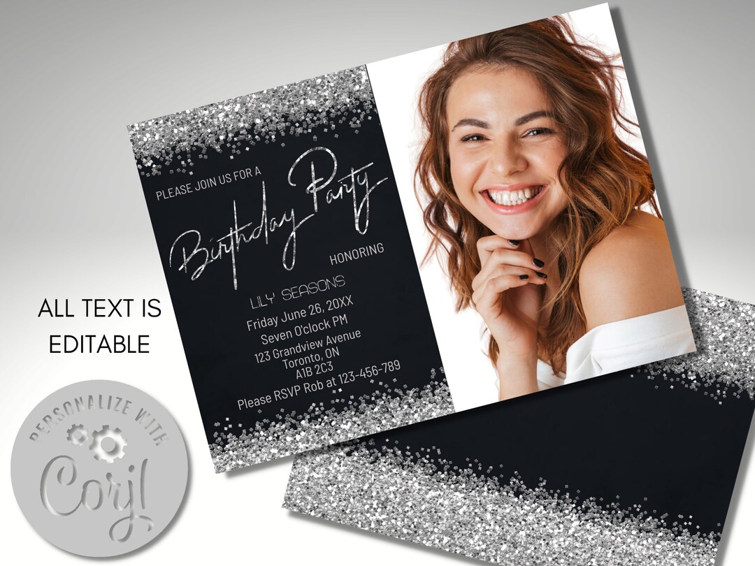 Photo Glitter Birthday Party Invitation Silver Sparkle - Etsy