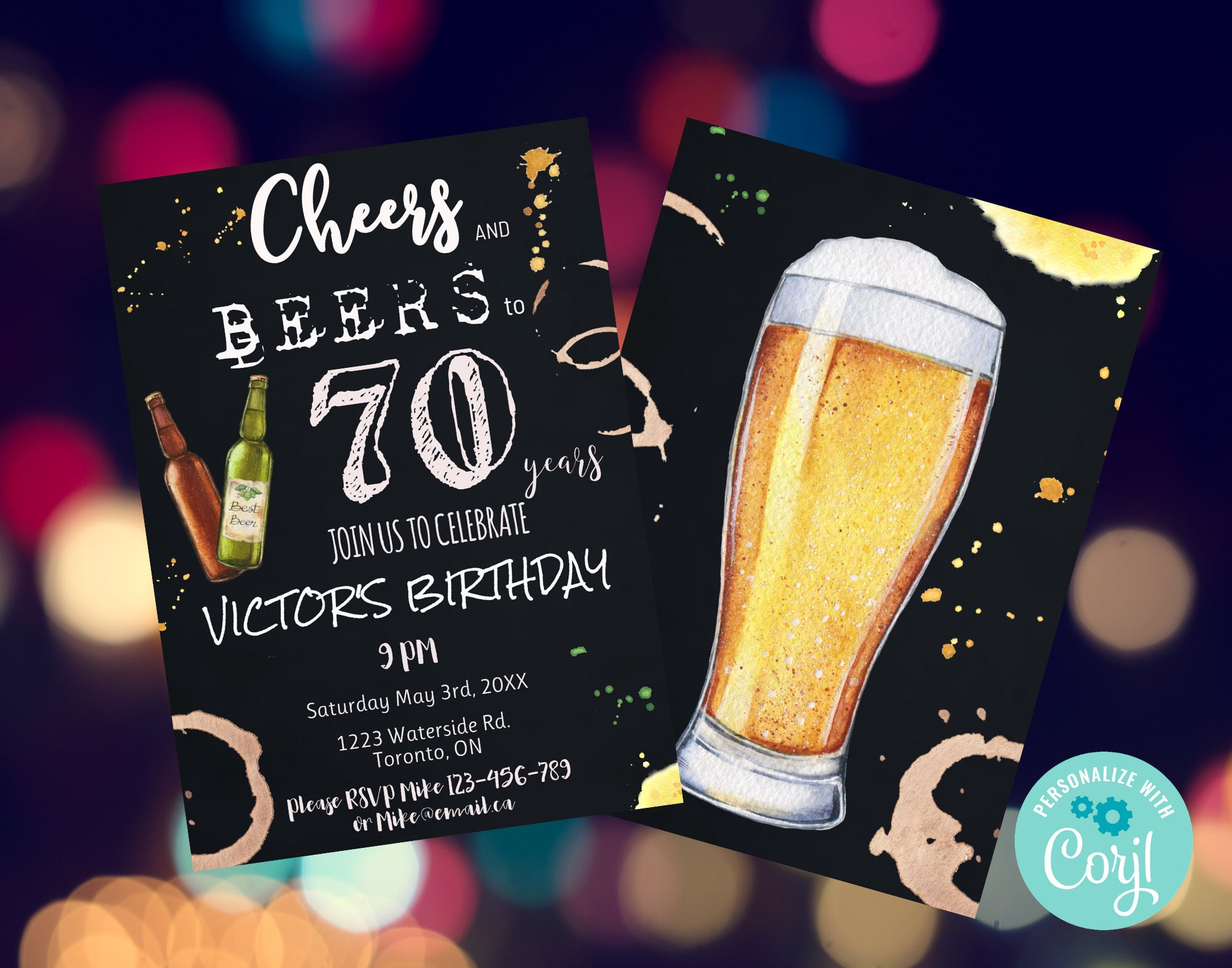 70th Cheers And Beers Birthday Party Invitation Black Etsy