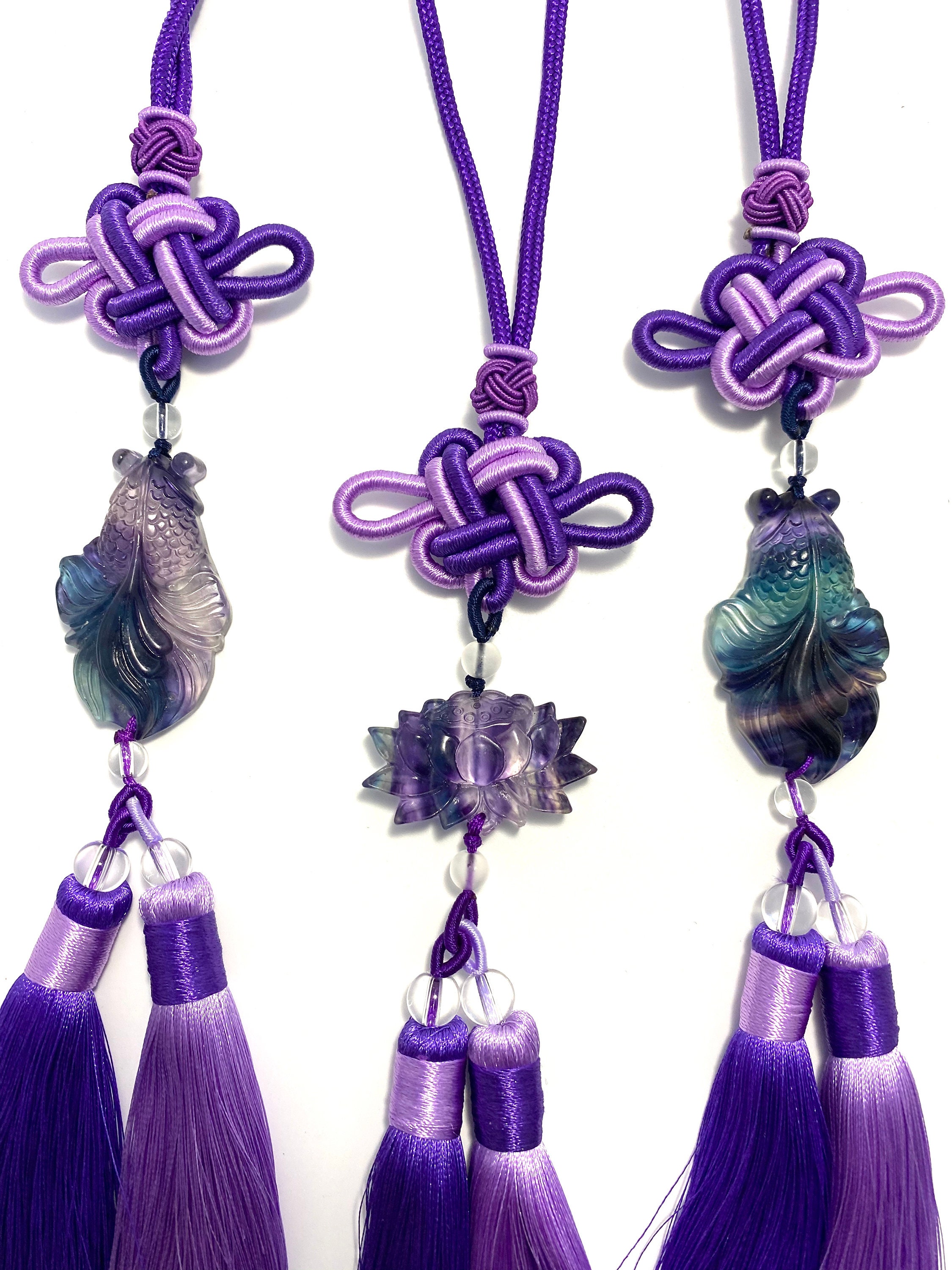 Colorful Rainbow Fluorite Crystal Hanging Carved Coy Fish / Lotus ...