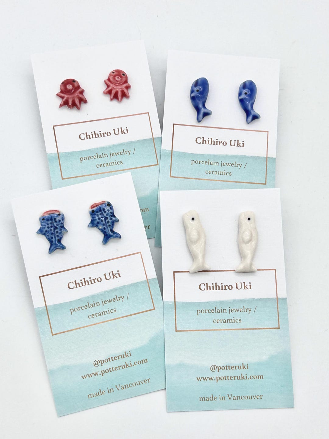 Handmade Porcelain Sea Creature Earrings: Octopus, Beluga, Whale Shark ...