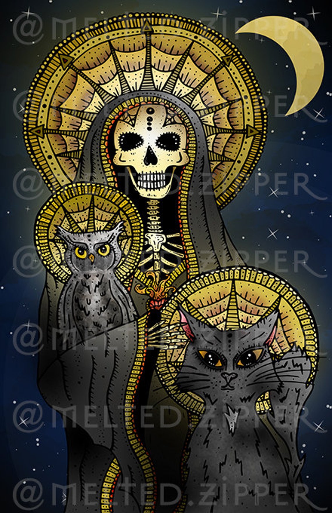 Santa Muerte Holy Death Animal Companion Art Print - Etsy