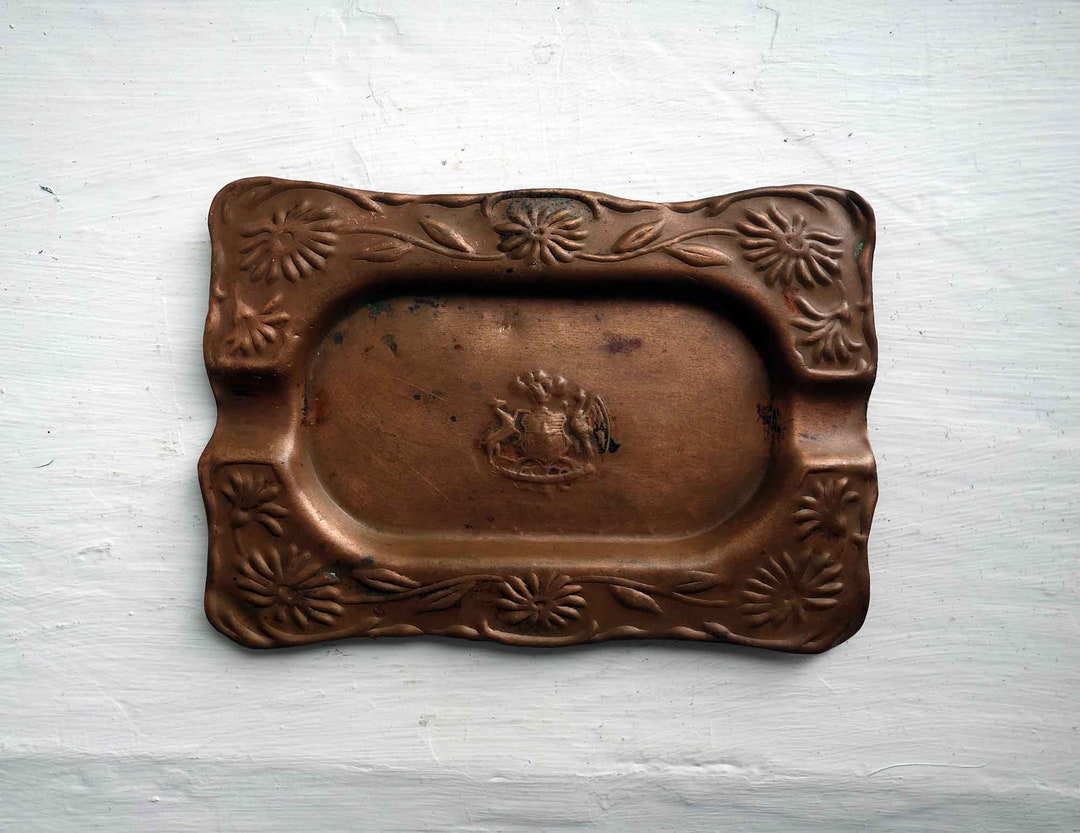 Vintage Copper Ashtray With Family Crest Horse Dragon and Five Pointed ...
