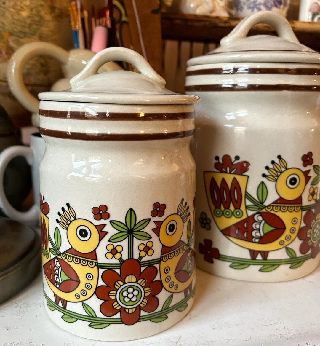 Set of 2 Vintage Bird Folk Art Stoneware Canisters - Etsy