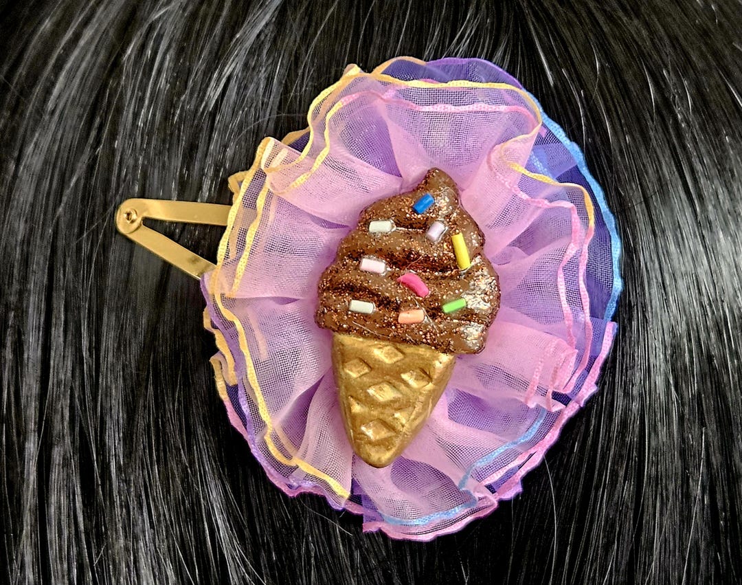 Brown Ice Cream Cone Barrette Handmade Polymer Clay Glitter Kawaii ...