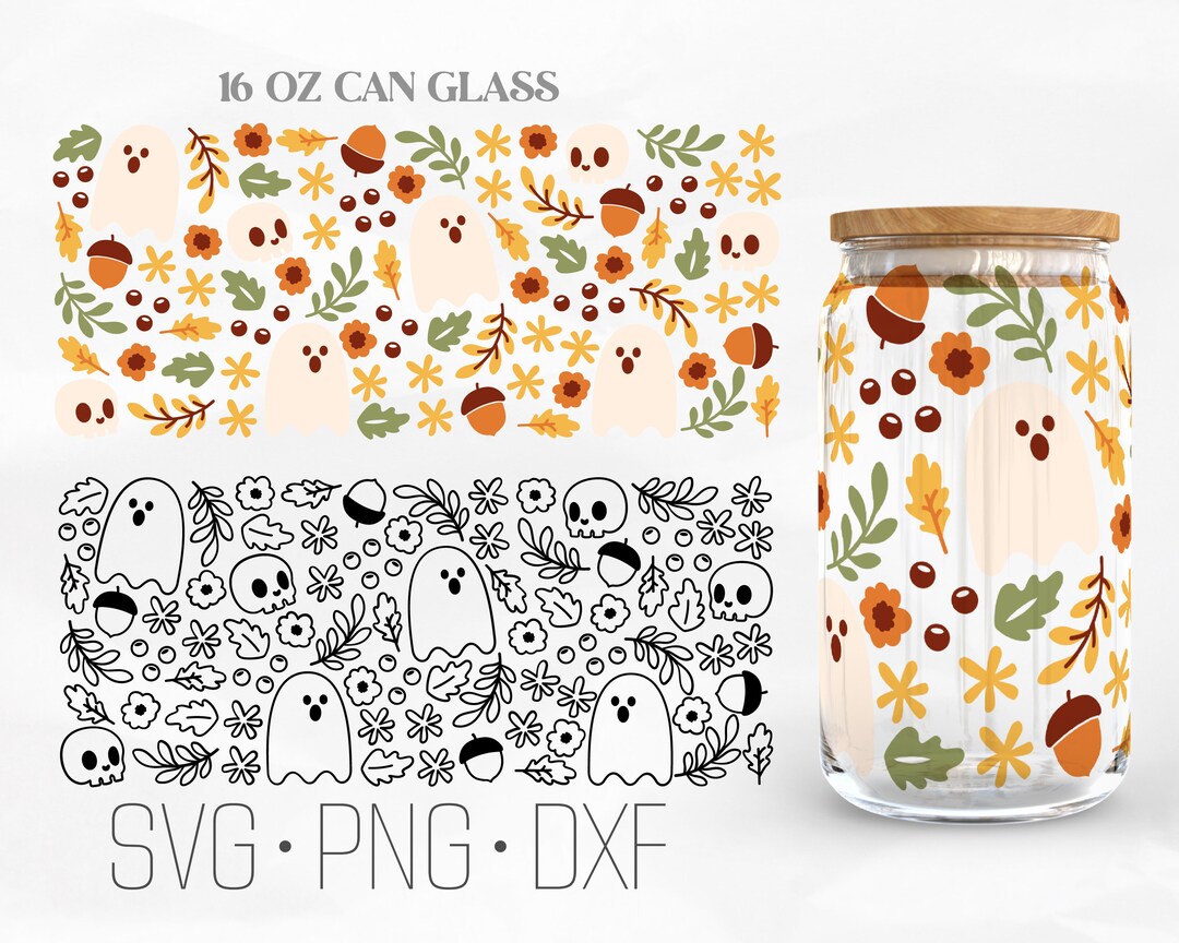 Ghost Halloween Can Glass Wrap Svg, Autumn Fall Svg, Fall Floral Libbey ...