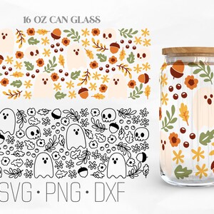 Ghost Halloween Can Glass Wrap Svg, Autumn Fall Svg, Fall Floral Libbey ...