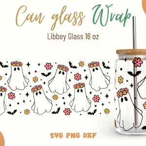 Floral Ghost Can Glass Wrap SVG Cute Ghost Libbey Glass SVG - Etsy