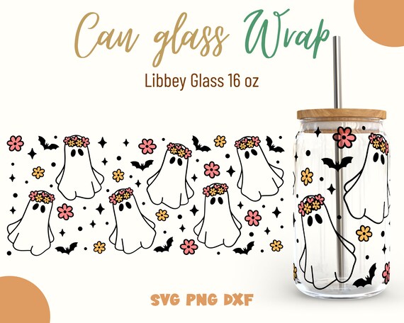 Floral Ghost Can Glass Wrap SVG Cute Ghost Libbey Glass SVG - Etsy