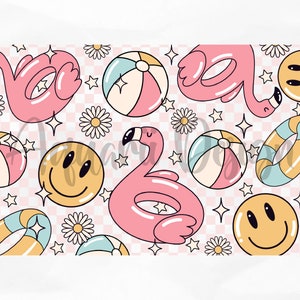 Retro Summer Pool Party Glass Can Wrap Png, Flamingo, Smiley Face, 16oz ...