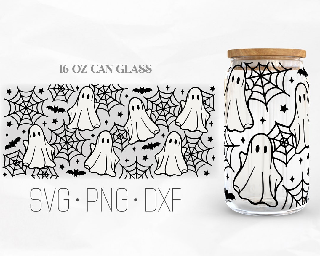 Cute Ghost Can Glass Wrap, Spider Web Halloween Libbey Glass, 16oz Can ...