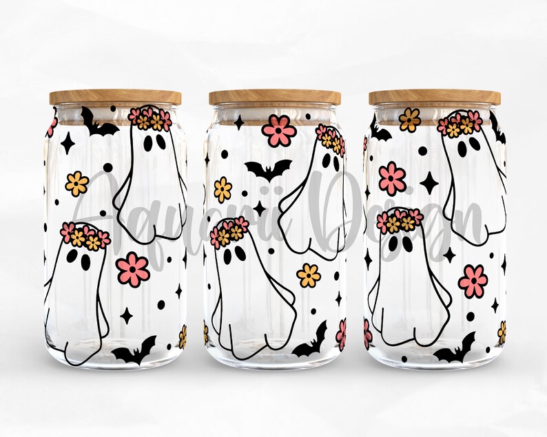 Floral Ghost Can Glass Wrap SVG Cute Ghost Libbey Glass SVG - Etsy