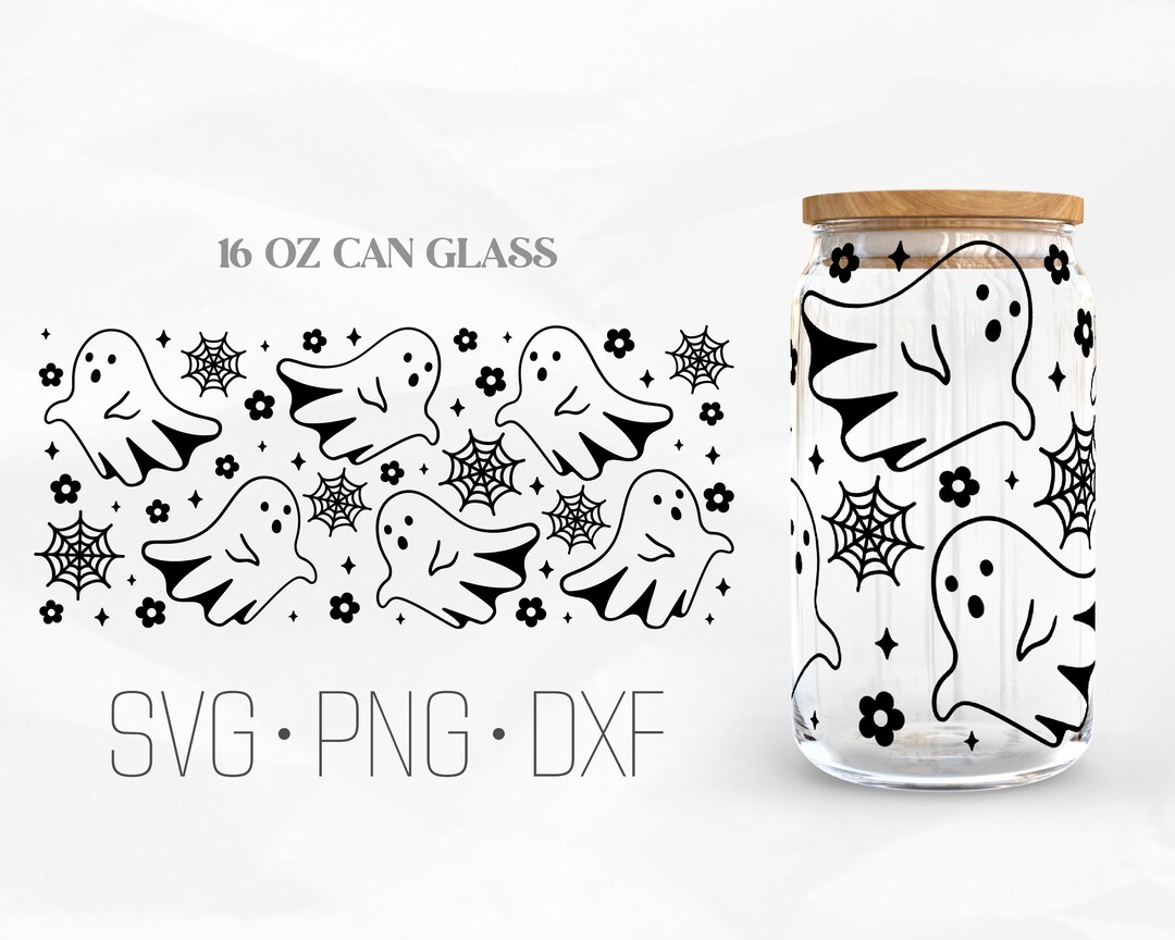 Floral Ghost Can Glass Wrap,halloween Libbey Glass, 16oz Can Wrap, Svg ...