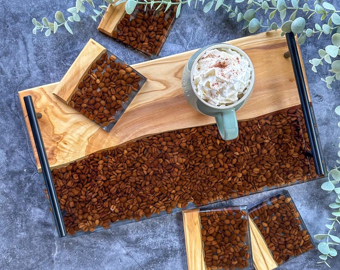 Olive Wood Coffee Bean Charcuterie Board Resin Wooden Coasters, Live ...