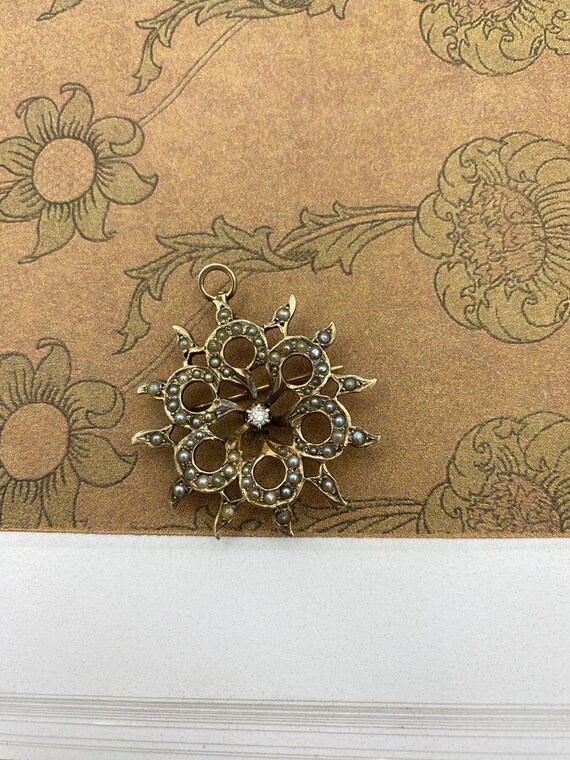 Antique Victorian 14k Gold Seed Pearl + Diamond Sun S… - Gem