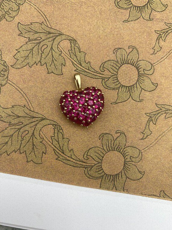 14k Gold Pave Genuine Ruby 1"L Heart Drop Pendant - Gem