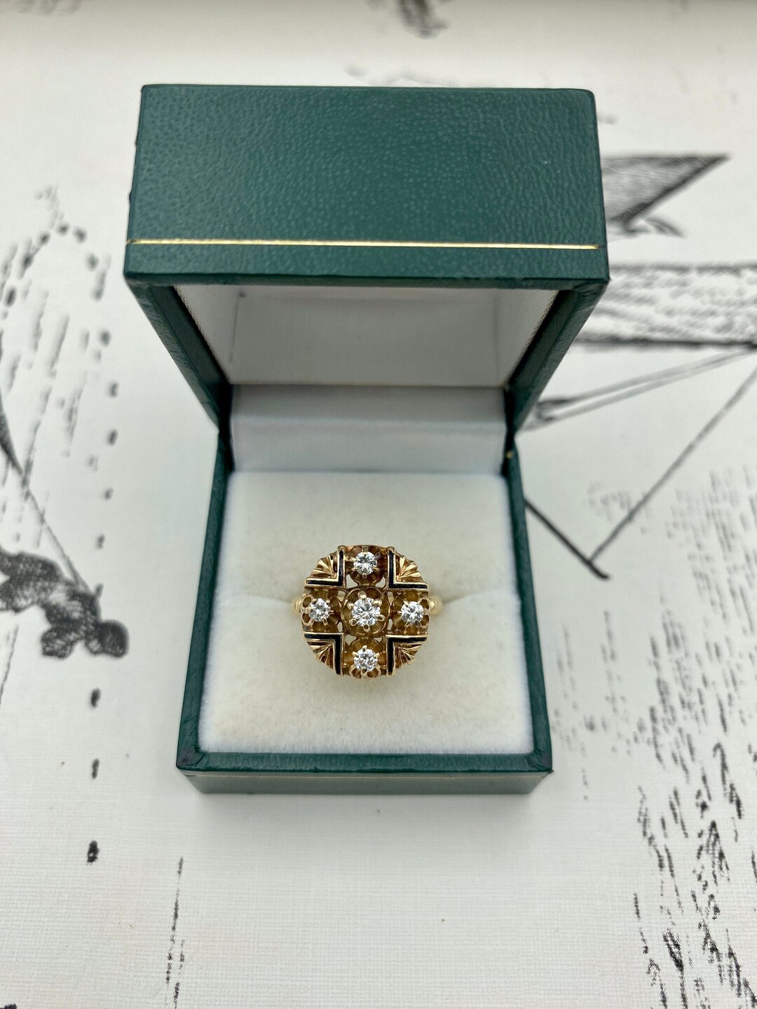 Antique Victorian C.1900s 14k Gold + Black Enamel .75ctw Quintette 5x ...