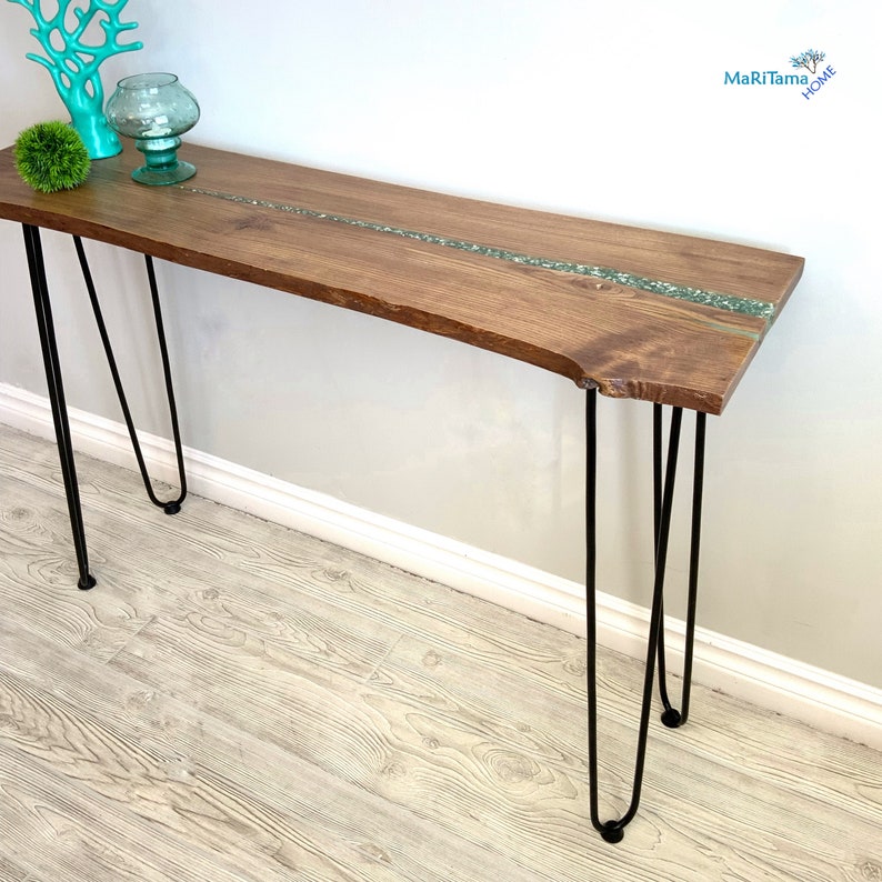 Custom Made Live Edge Wood With Sparkling Aqua Resin Inlay Console ...