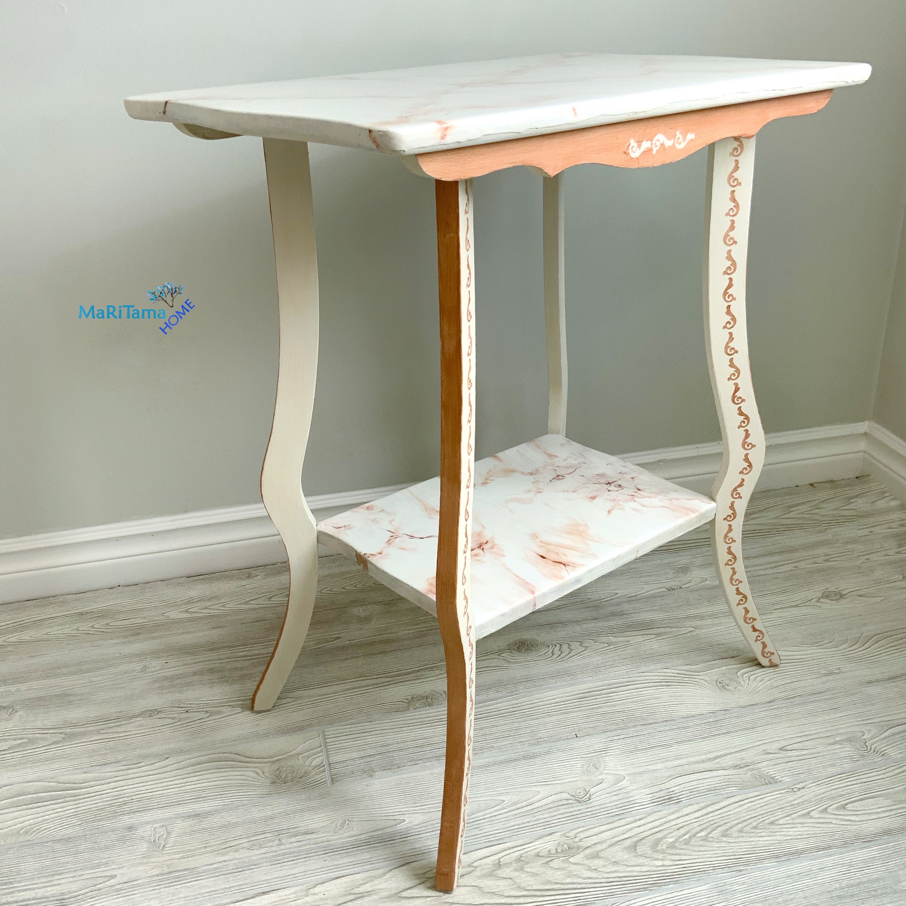 Refinished White and Copper Two Tier Marble Resin Top Accent Table - Etsy