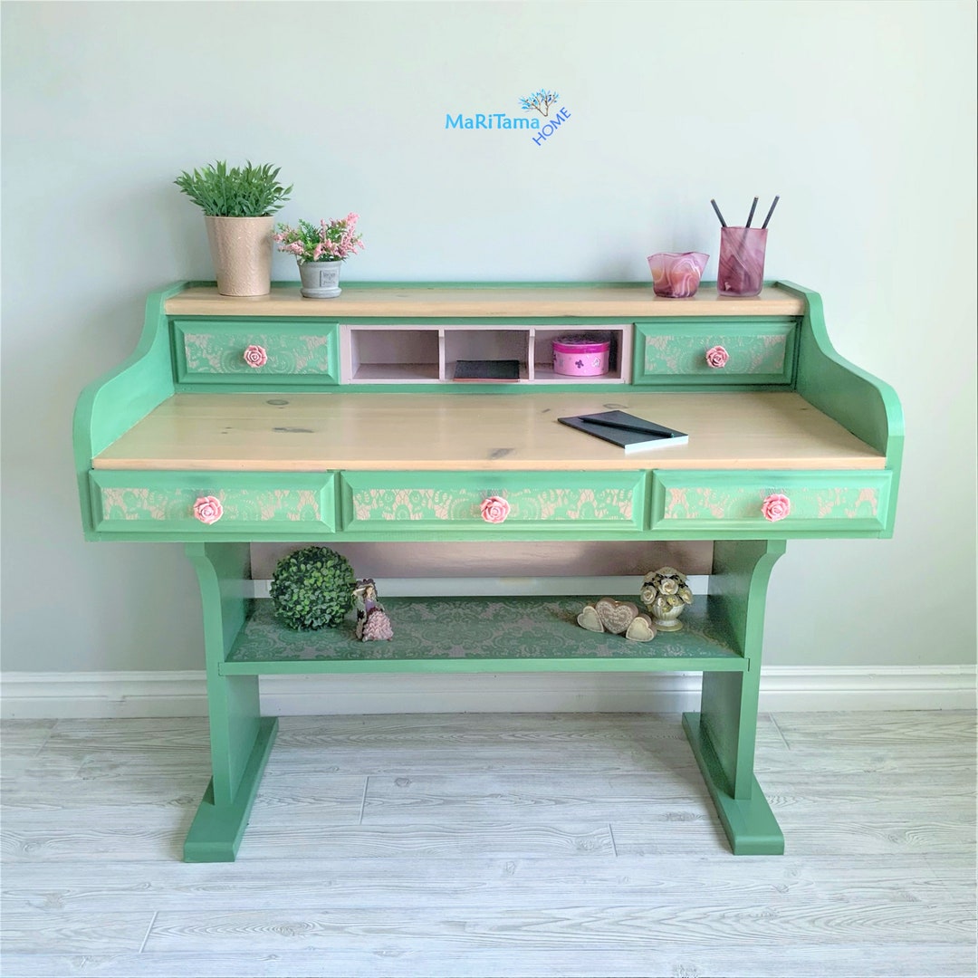 Refinished Pink Lace & Green Pinewood Desk - Etsy