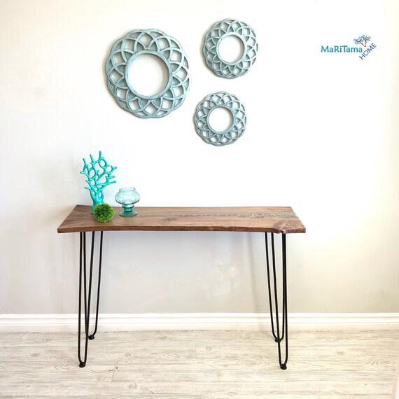 Custom Made Live Edge Wood With Sparkling Aqua Resin Inlay Console Table Etsy