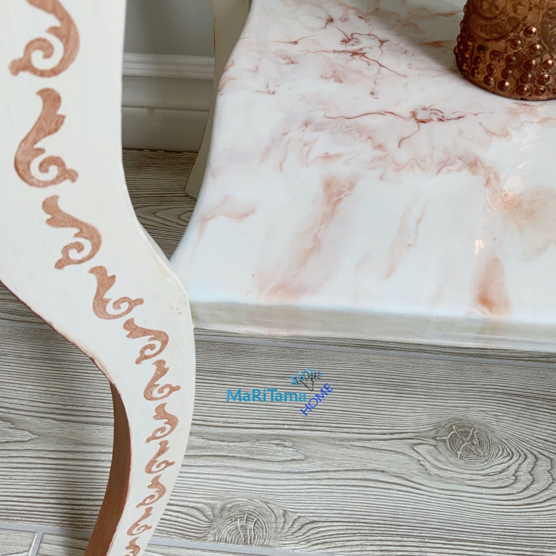 Refinished White and Copper Two Tier Marble Resin Top Accent Table - Etsy