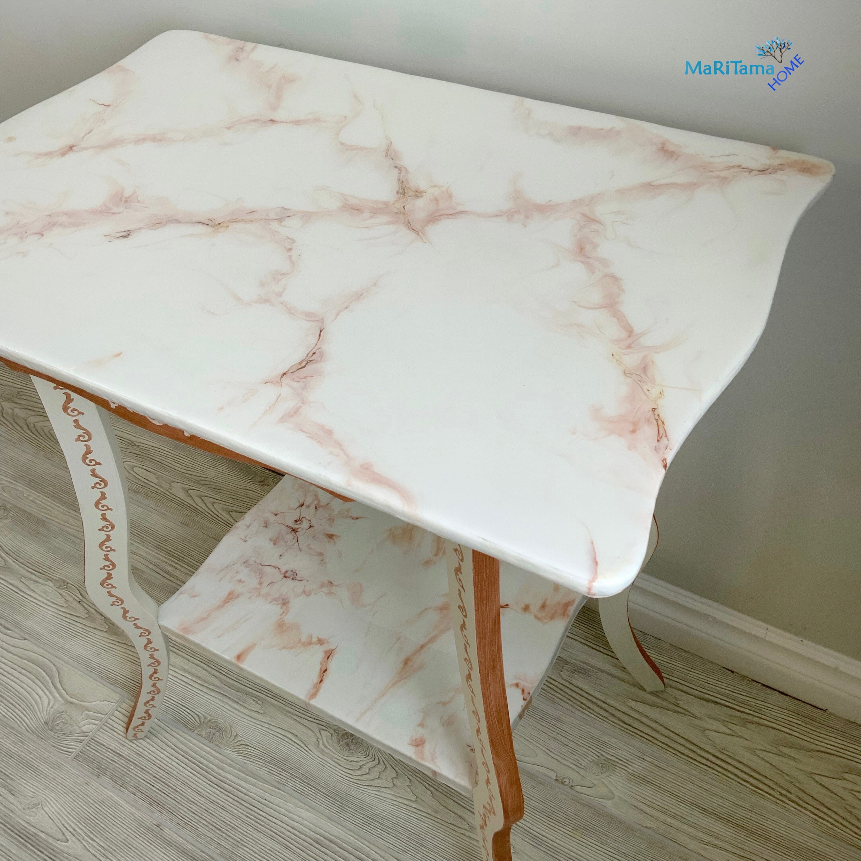 Refinished White and Copper Two Tier Marble Resin Top Accent Table - Etsy