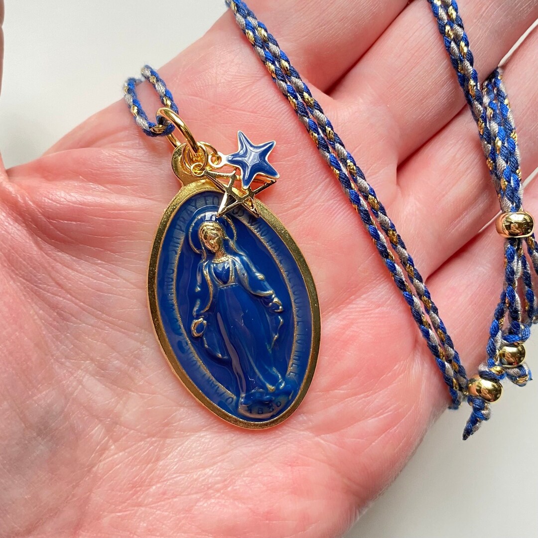 My Big Holy Mary Blue Long Necklace With Large Miraculous Madonna Medal ...