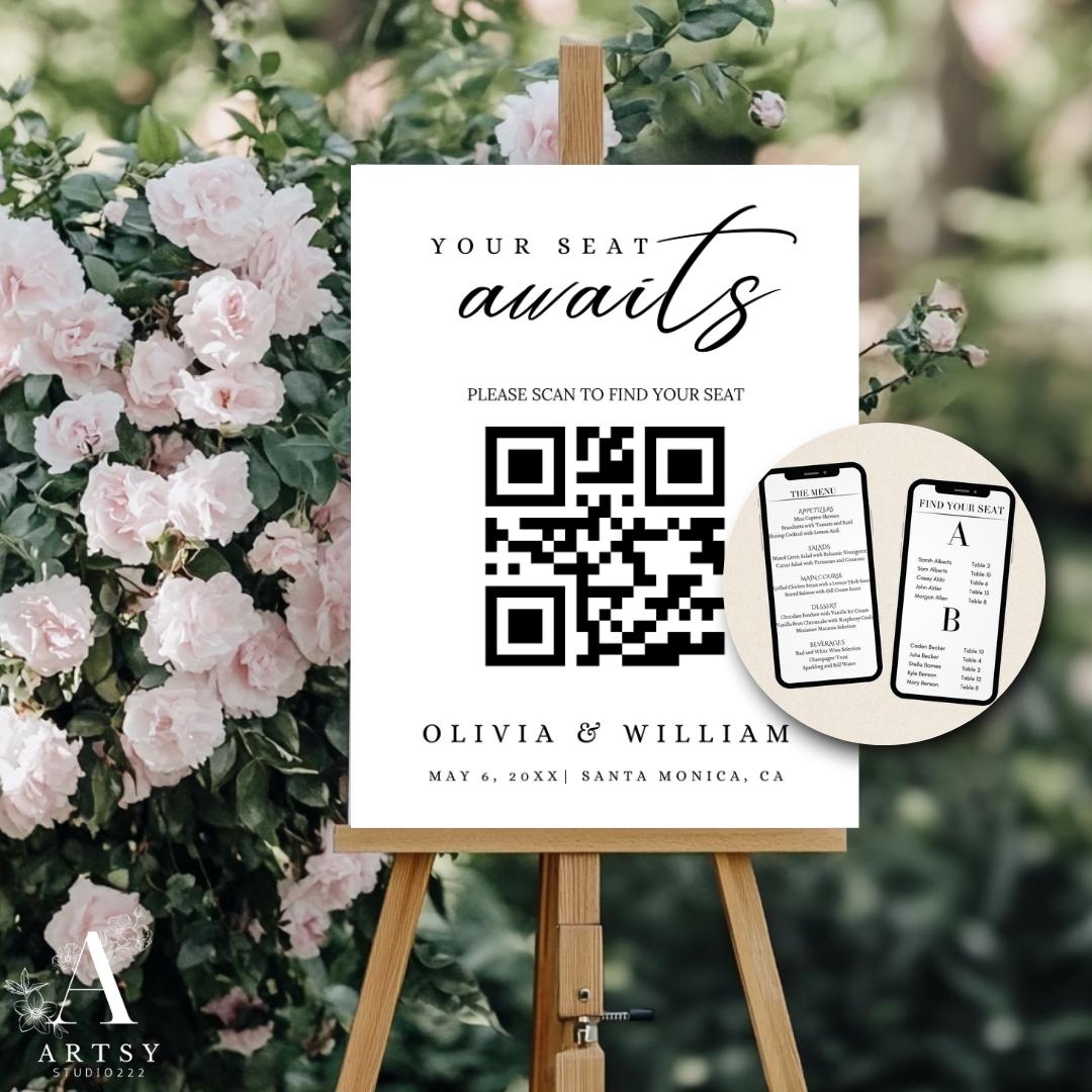 Elegant QR Code Wedding Seating Chart Sign (editable Canva Template) - Etsy