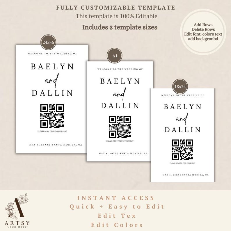 QR Code Wedding Seating Chart: Customizable Template (digital Download ...