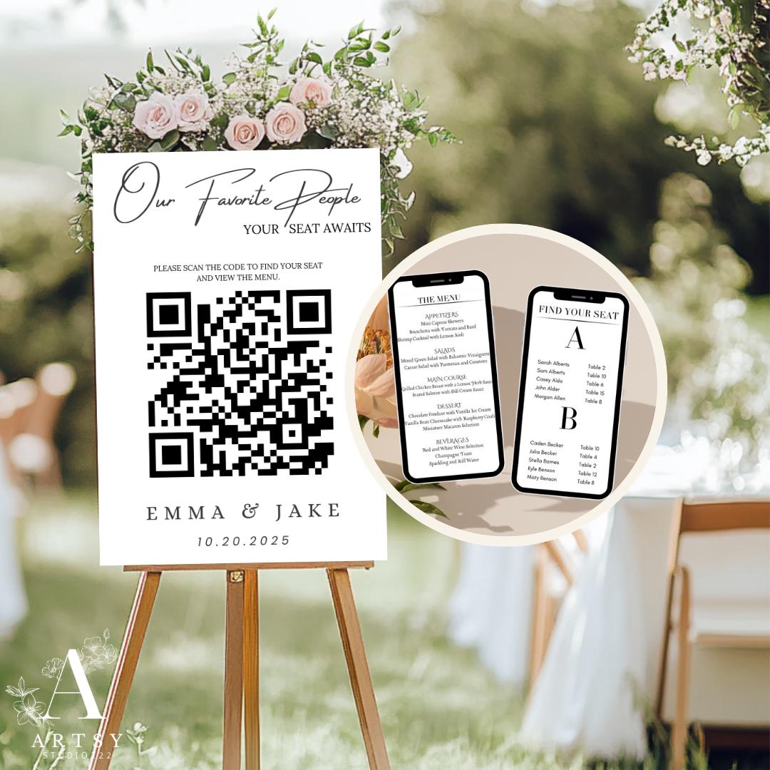 Elegant Wedding Seating Chart With QR Code (canva Printable, Instant ...