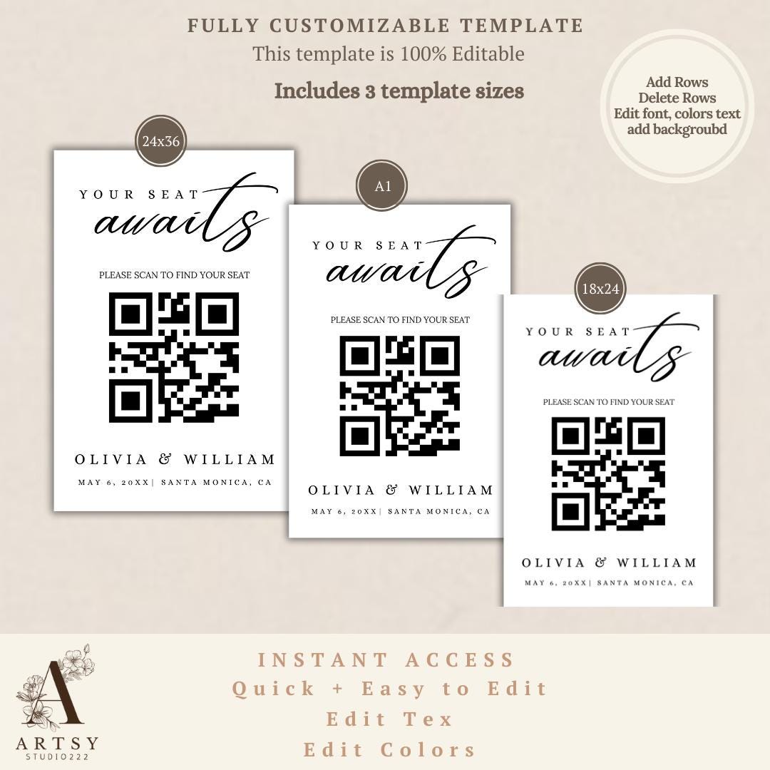 Elegant QR Code Seating Chart | Wedding Seating Sign | Printable Table ...