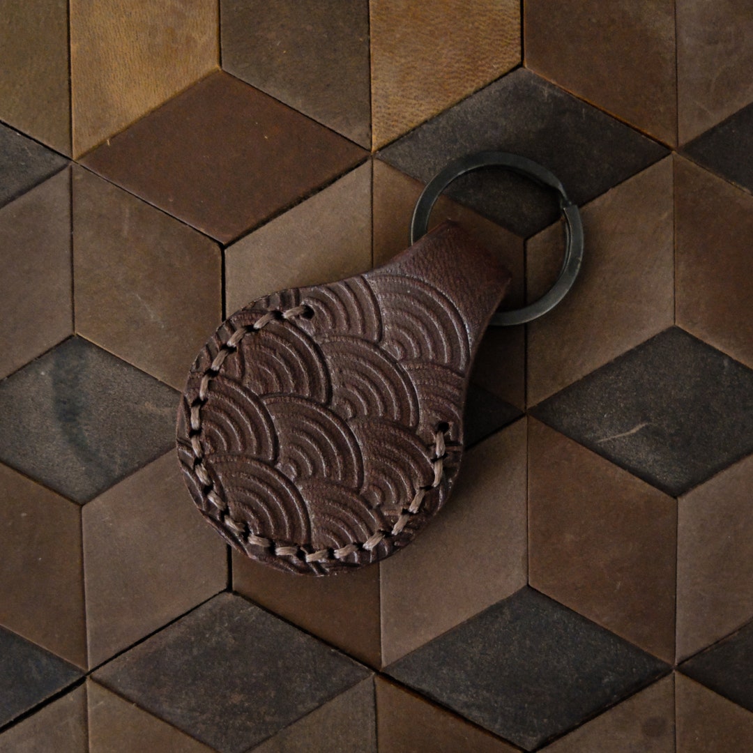 Leather Keychain - Round Seigaiha Big Wave Pattern Key Fob - Etsy