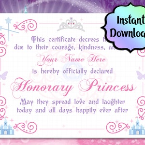 Printable Princess Certificate INSTANT DOWNLOAD - Etsy