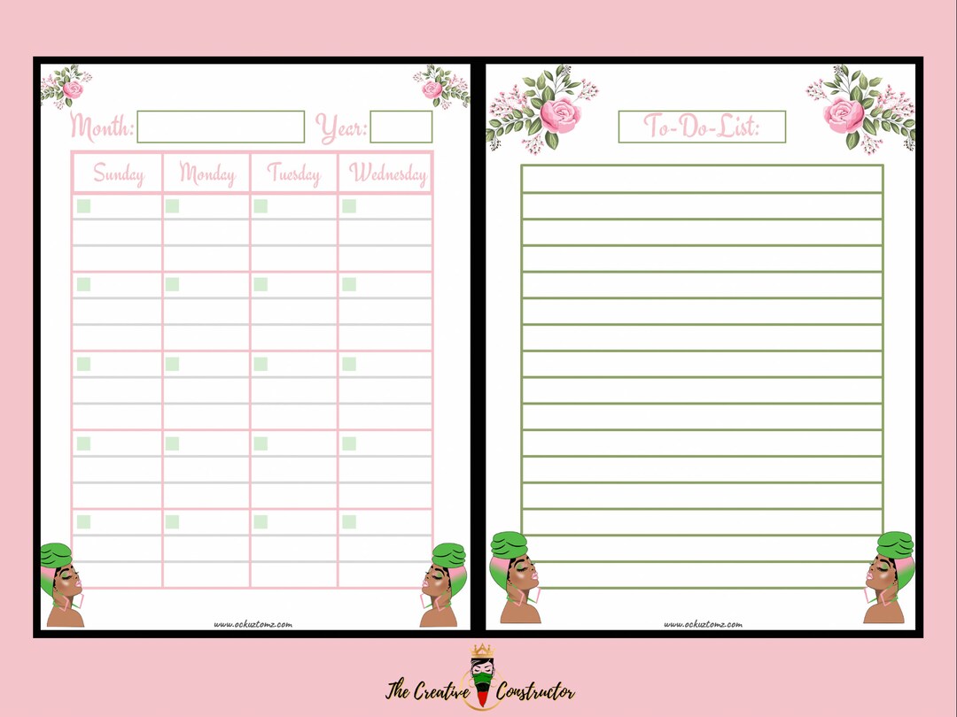 Blank Calendar Pink Floral African American Woman PDF | JPEG | Pink ...